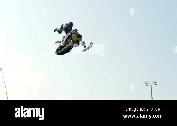 Yekaterinburg, Russia-August, 2019: Man performs on snowmobile. Action ...