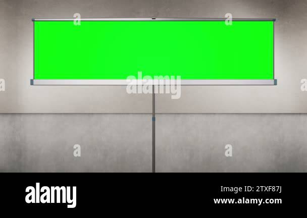 Projection cinema screen pull-down and camera zoom to green screen ...