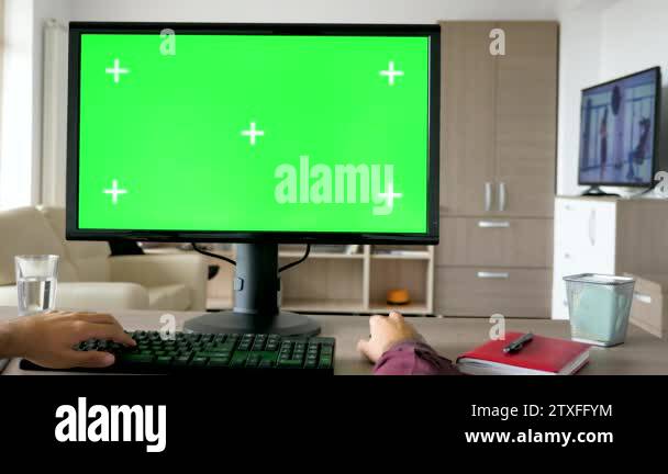 Sliding footage of First person view - man hands typing on computer ...