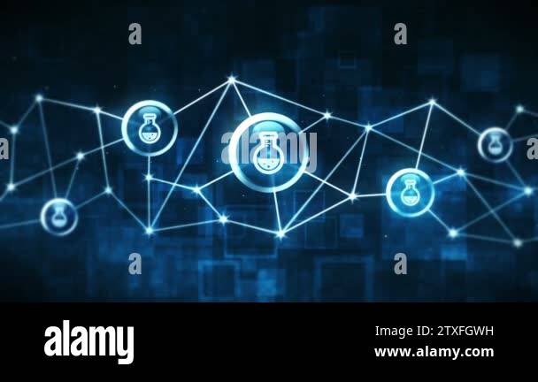 Round flask with liquid. Chemistry beaker icons floating. Medicine and ...