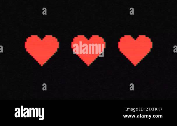 Three Pixel Art Red Hearts in Retro Style. Game Life Bar Bad TV Screen ...