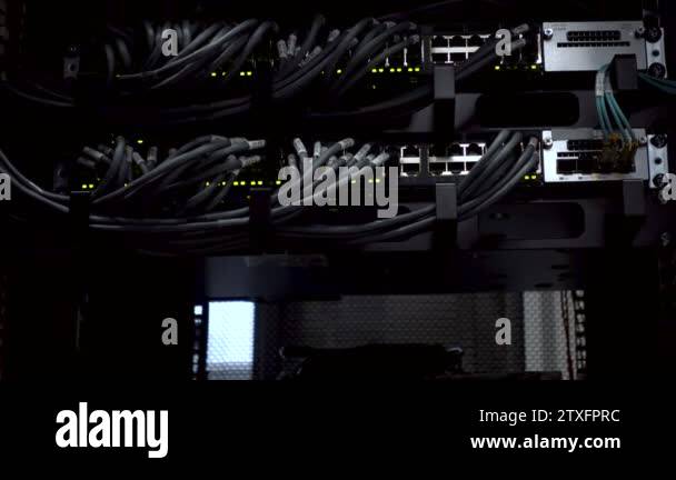 Ethernet Network Connection Hub. Blinking lights in a dark server room, Close-up Stock Video ...