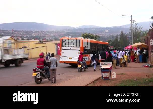 Bus stop in the Kicukiro district of Kigali, the capital of Rwanda ...