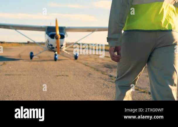 Pilot going on a runway, back view. Professional pilot coming to his ...
