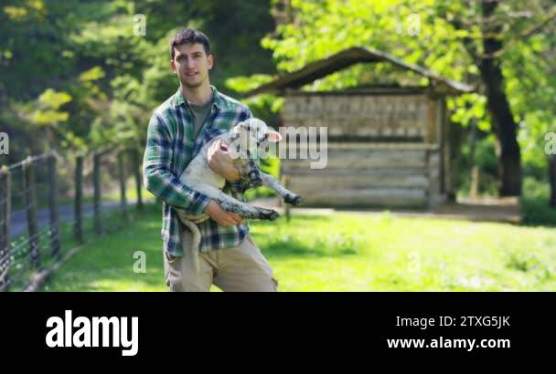 A young handsome and smiling farmer, holding a lamb young cub, has the ...