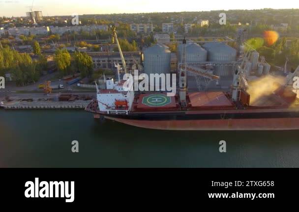 Close view of ship loading grain crops on bulk freighter via trunk to ...