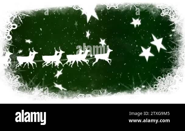 Animation of Santa Claus in sleigh being pulled by reindeers, snow ...