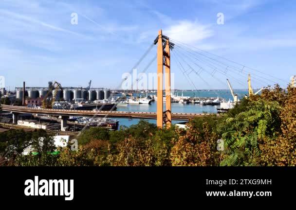 Highway bridge, Railroad on seaport, harbor background with Granary ...