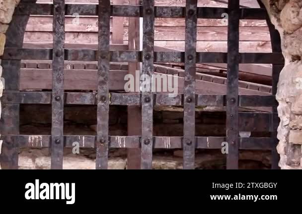 Closer look of the rusty metal gate of the old castle Stock Video ...