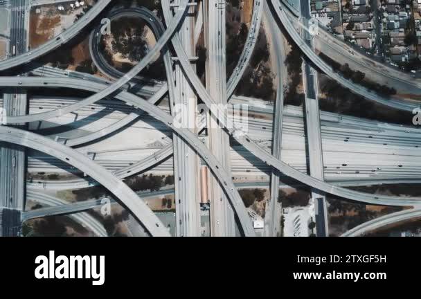 Top view drone rising above incredible complex highway junction in Los ...