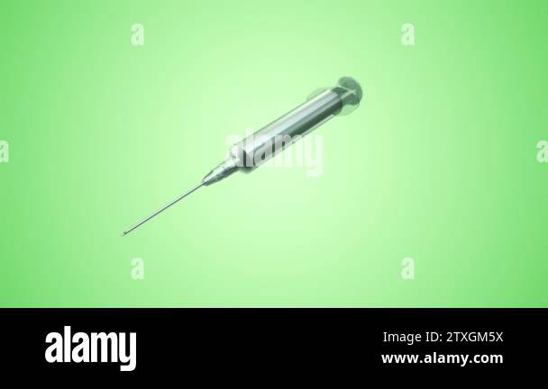 Animation of flying plastic syringe in action on green background ...