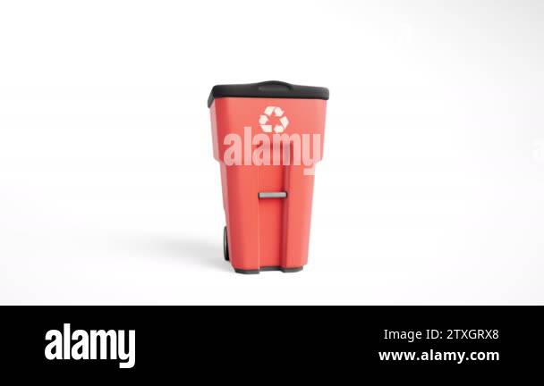 Red plastic garbage bin with recycling logo, isolated on white ...