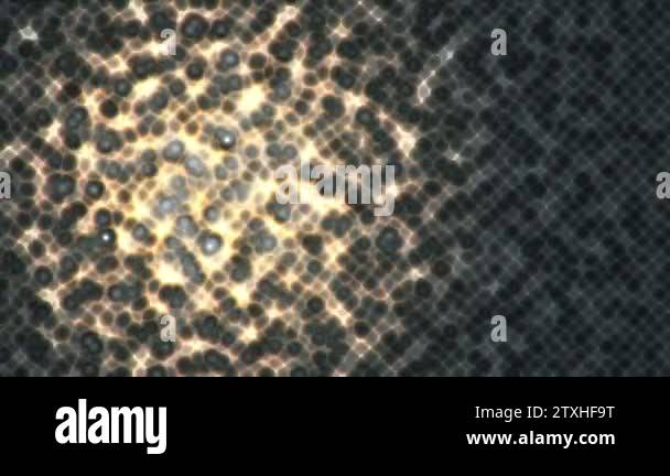 abstract surface with shiny golden vibrating mosaic cells of molecules on black background ...