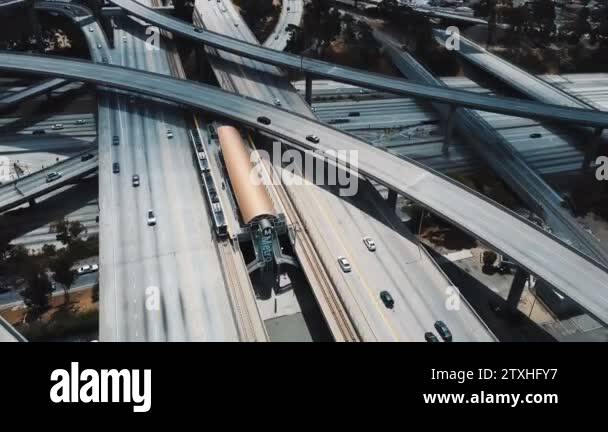 Drone aerial view of a large highway road intersection in Los Angeles ...