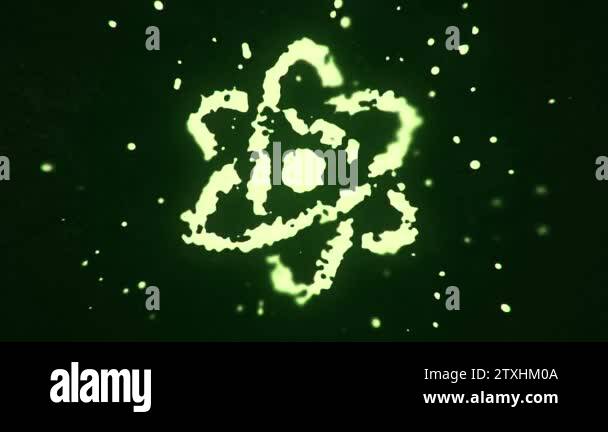 flying fluid and liquid particles form atom symbol on dark background ...