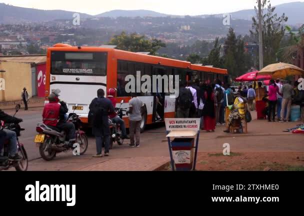 Bus stop in the Kicukiro district of Kigali, the capital of Rwanda ...