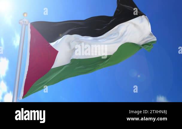 Palestine animated flag in the wind with blue sky in the background ...