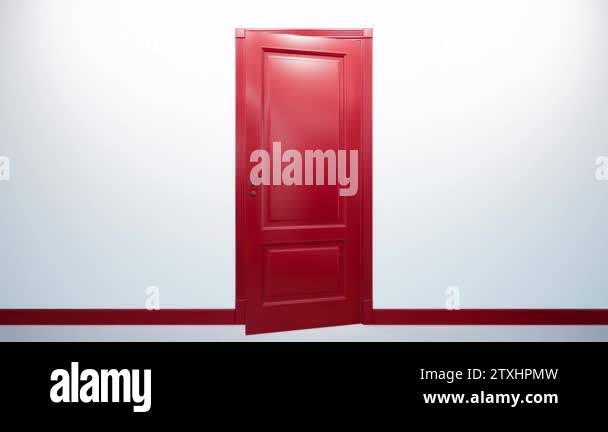 Red classic design door opening to green screen. Camera move through ...