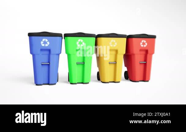 Four colorful plastic garbage bins with recycling logo. animation ...