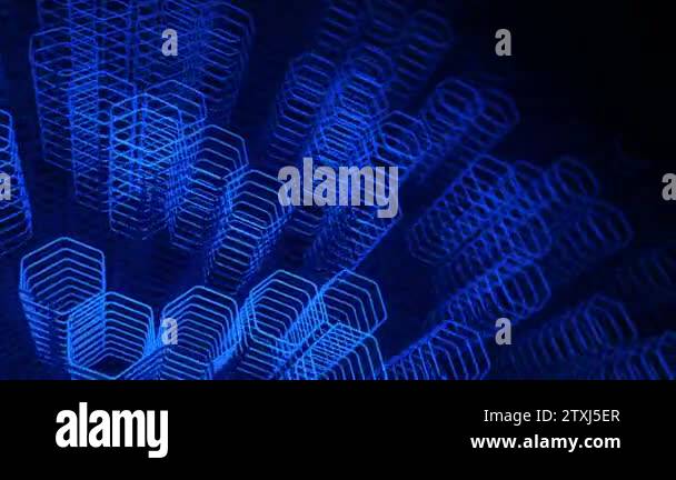 Technological dark background with animation moving blue neon shapes from hexagons, Animation of ...