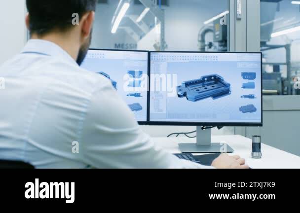 Engineer Working on a Personal Computer with Two Displays, He's ...