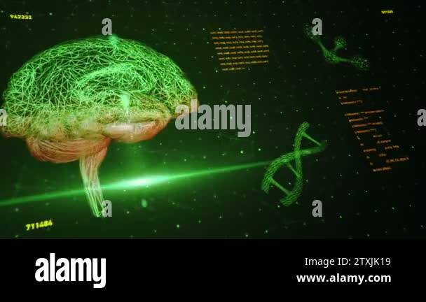 Background with animation of abstract interface. Human body, DNA ...
