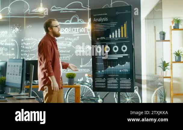 Male Developer Looks at Interactive Whiteboard with Mock-up Green ...