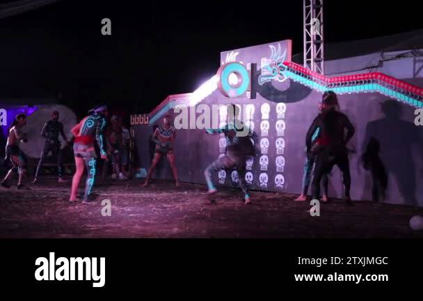 MEXICO CITY CIRCA OCTOBER 2018. Men wearing aztec clothes play the ball ...