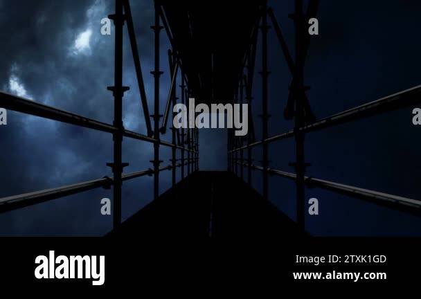 Black animated Construction site scaffolding against animated thunder ...