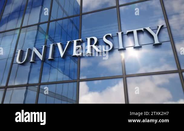 University glass building. Mirrored sky and city on modern facade ...