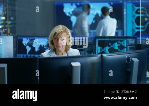 System Monitoring Room Professional Female Operator Observes Correct ...