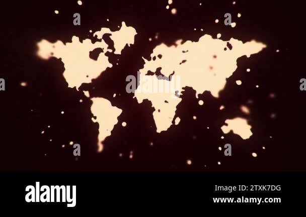 flying fluid and liquid particles form earth map symbol on dark ...