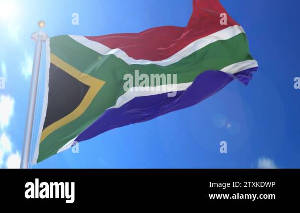 South Africa animated flag in the wind with blue sky in the background ...