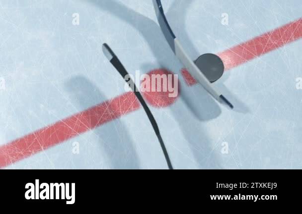 One Hockey Sticks Winning the Puck on Ice in Throw-in Zone. Slow Motion ...
