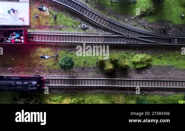 Top view of a moving model of a steam locomotive. Detailed model of ...