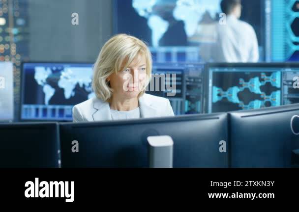 System Monitoring Room Professional Female Operator Observes Correct ...