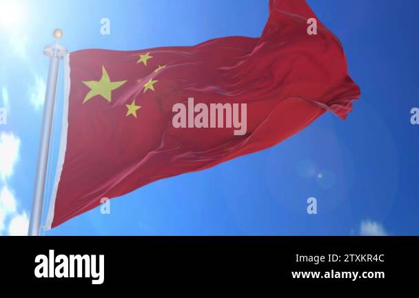 China animated flag in the wind with blue sky in the background, green ...
