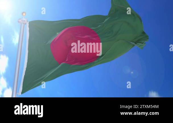 Bangladesh animated flag in the wind with blue sky in the background ...