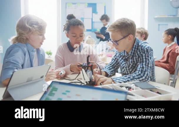 Elementary School Robotics Classroom: Diverse Group of Brilliant ...