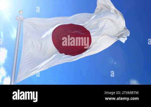 Japan animated flag in the wind with blue sky in the background, green ...