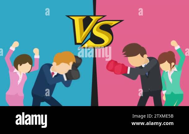 Versus screen. Businessman battle wearing boxing gloves. Blue vs Red ...