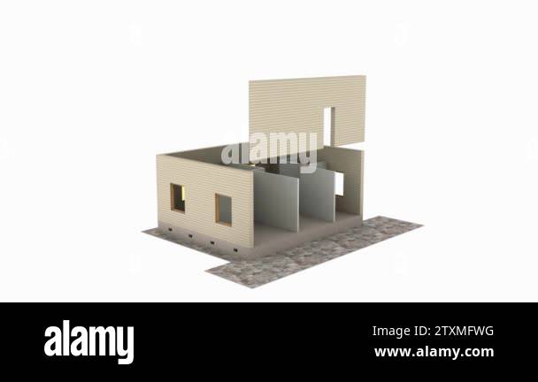 House animation being assembled on white background. Home construction ...