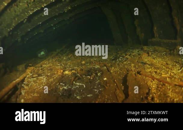 Sunken ship inside view on wreck underwater in Truk Lagoon on Chuuk ...