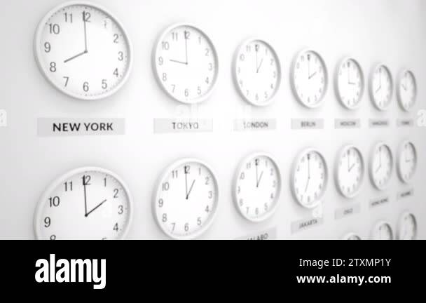 Round clocks with white body show time in different cities on white ...