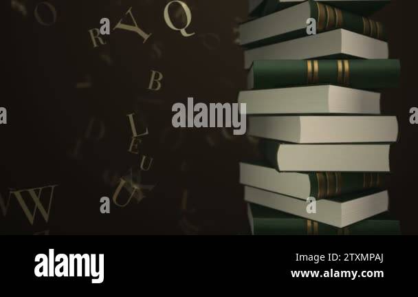 Animation rotation of stack of old books in library or home with flying ...