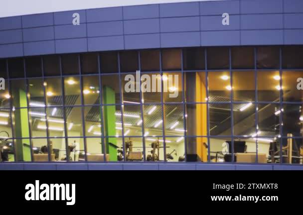 building fitness club window. night empty fitness gym.architecture ...