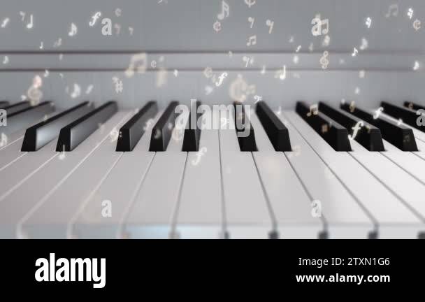 Background with animation of piano keys and white flying symbols of ...