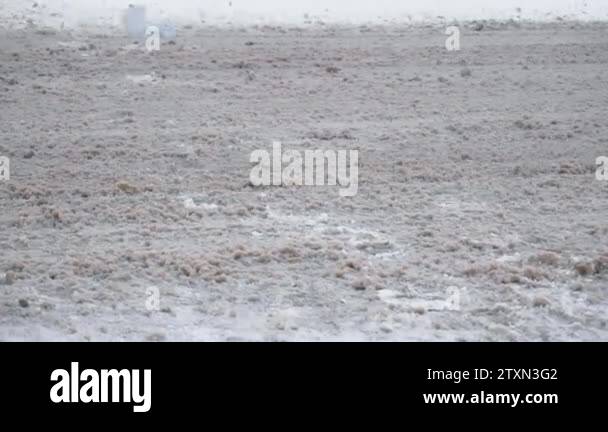 Car rides at high speed on snowy road in daytime in snowfall. Slush ...