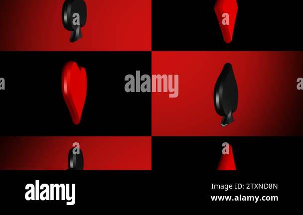motion graphics and animated background with spinning card suits on red ...