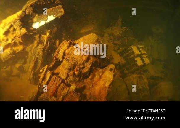 Sunken ship inside view on wreck underwater in Truk Lagoon on Chuuk ...